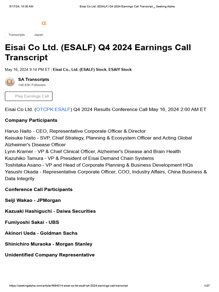 Eisai Co Ltd. (ESALF) Q4 2024 Earnings Call Transcript - Seeking Alpha | PDF | Expense ...