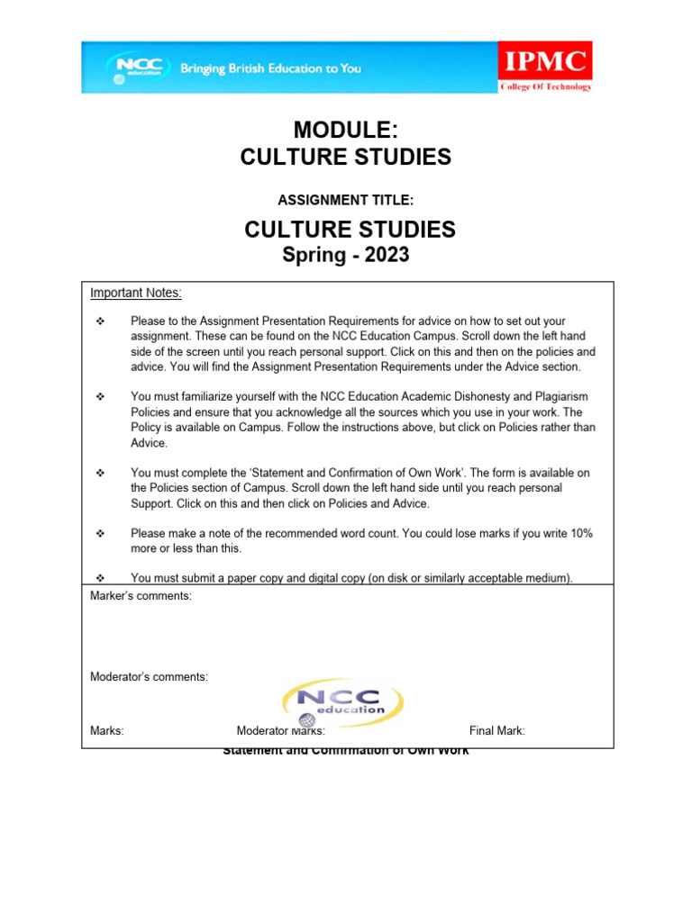 Culture Studies Assignment Guidelines | PDF | Plagiarism