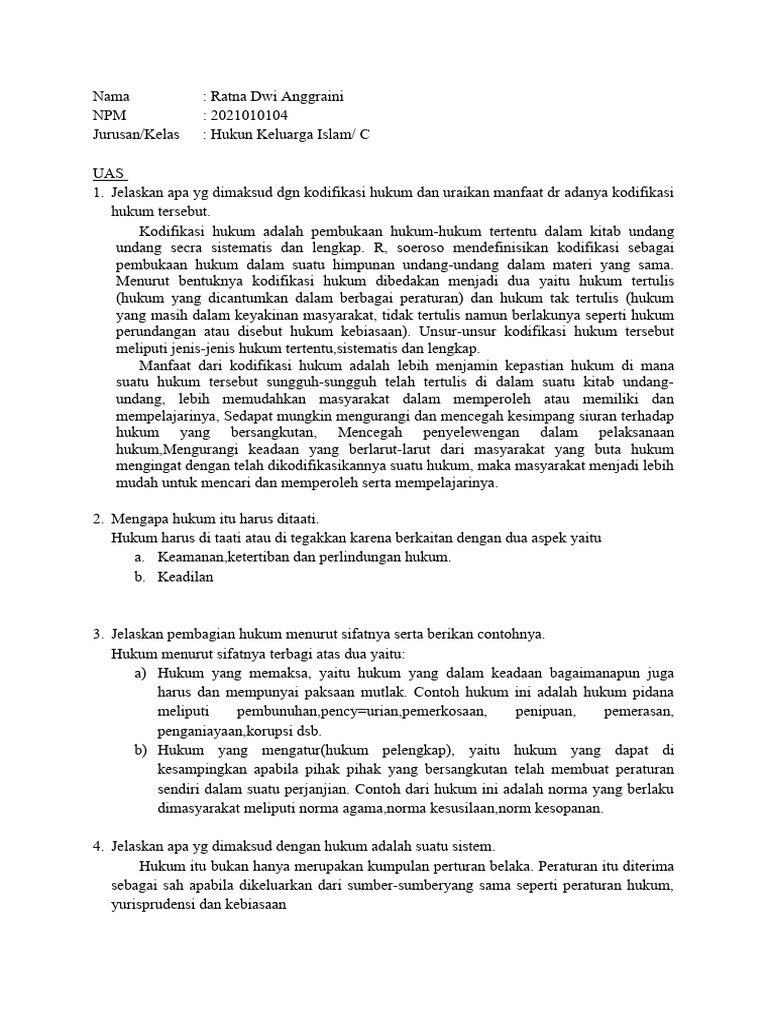 Uas - Penghantar Ilmu Hukum Dan Tata Hukum Indonesia - Ratna Dwi Anggrain (2021010104) | PDF | Hukum
