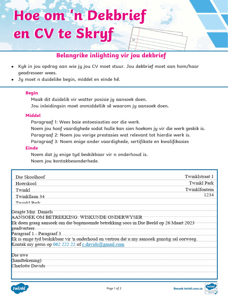 How Om 'N Dekbrief en CV Te Skryf | PDF
