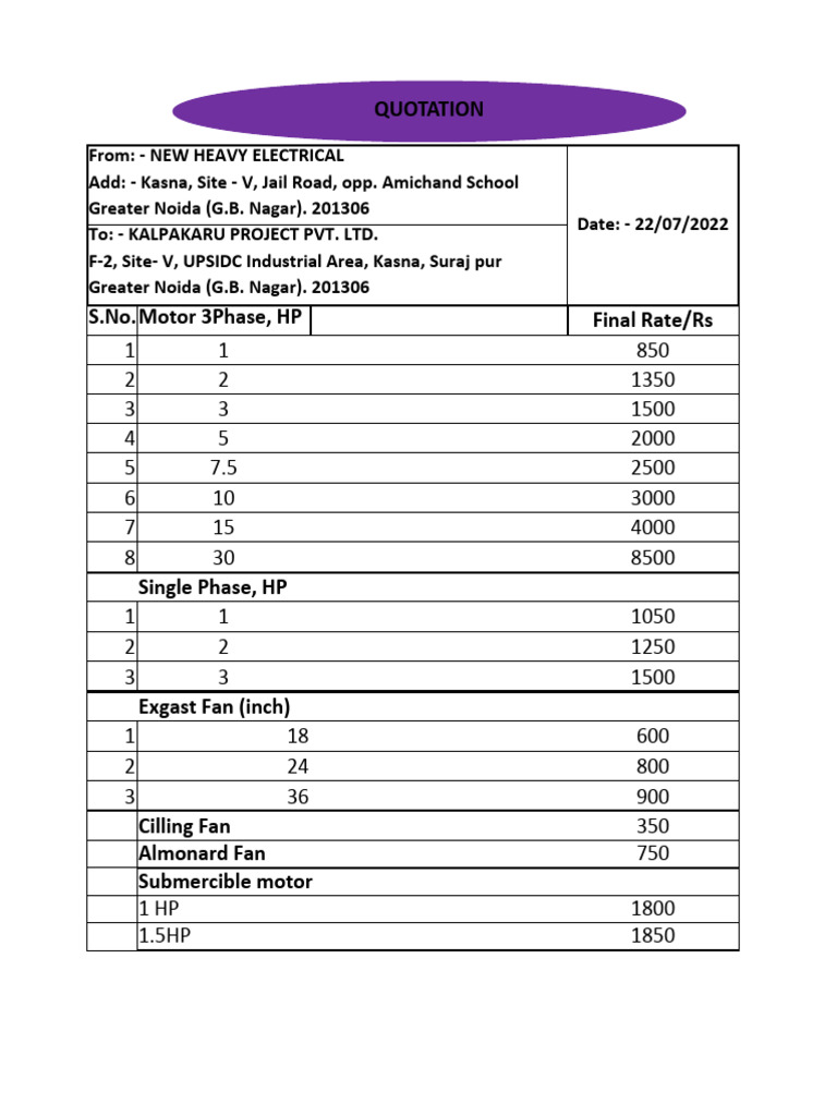 Motor Rewinding Quotation | PDF
