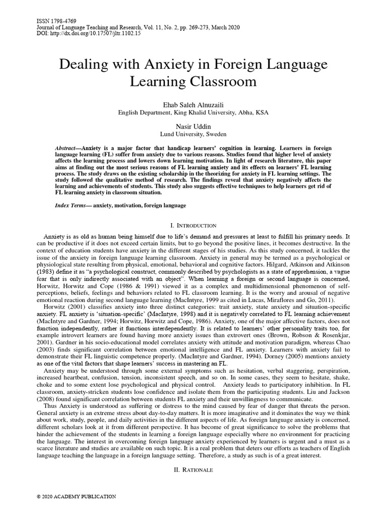 Dealing With Anxiety in Foreign Language Learning Classroom: Ehab Saleh ...