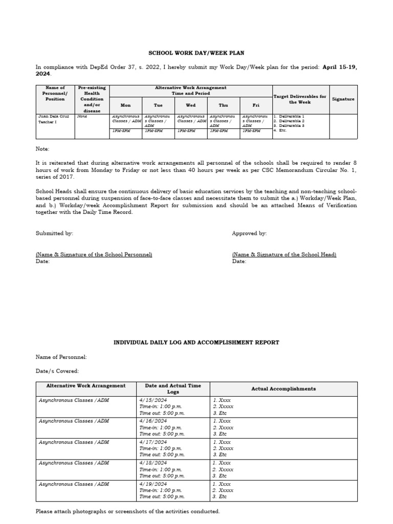 Work Week Plan and Accomplishment Report Templates | PDF