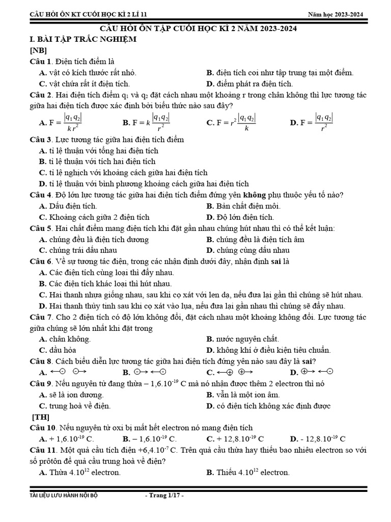 CÂU HỎI ÔN TẬP CHK2 LI 11- 2024-HS | PDF