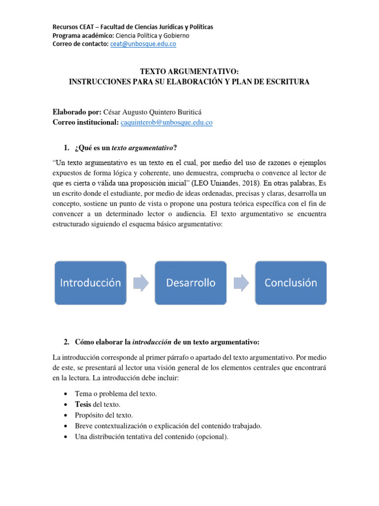 Guía de Texto Argumentativo - Instrucciones para Su Elaboración y Plan de Escritura | PDF ...