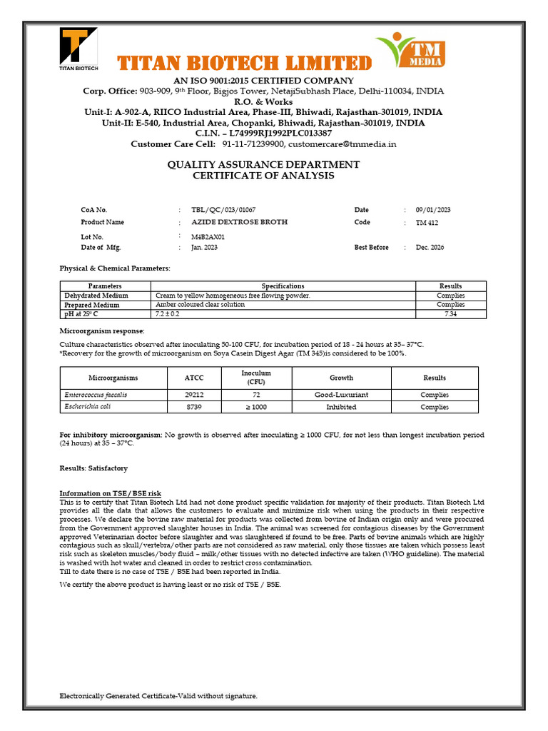 AZIDE DEXTROSE BROTH Certificate of Analysis | PDF | Biotechnology ...