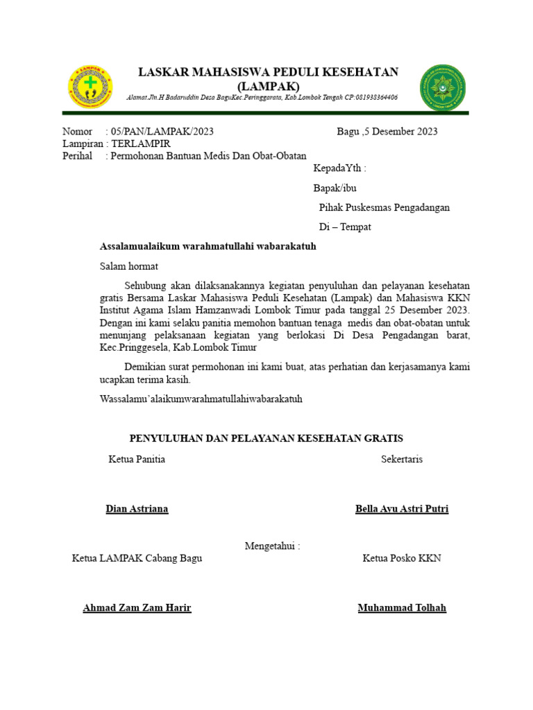 Surat Permohonan Ke Puskesmas | PDF