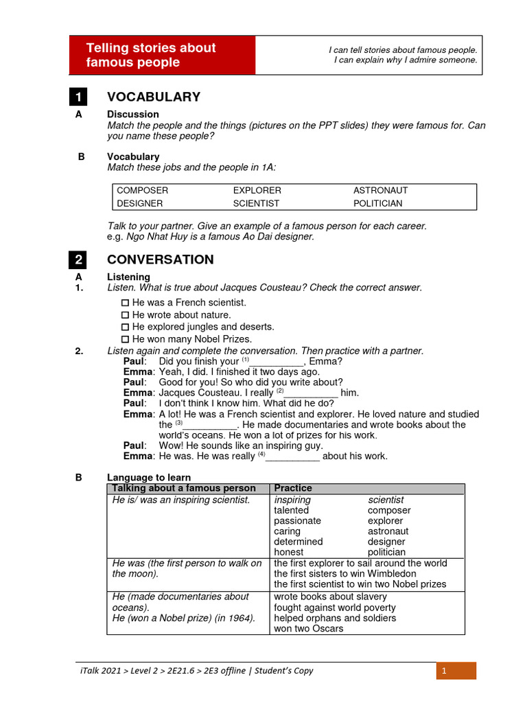 Vocabulary: Telling Stories About Famous People | PDF