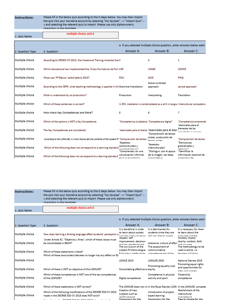Mult - Choice - Unit6.xlsx - Quick Quiz | PDF | Quiz | Multiple Choice