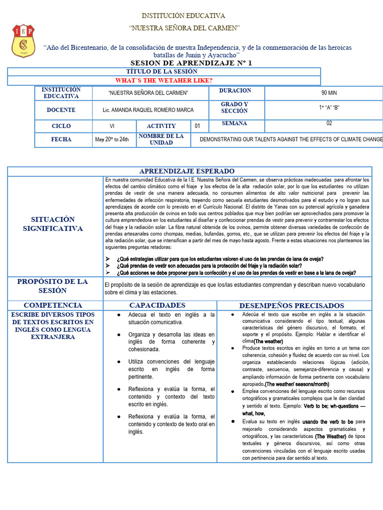 1° sec SESION 1 - 20-24 MAYO II BIM 2024 | Descargar gratis PDF | Idioma en Inglés | Aprendizaje