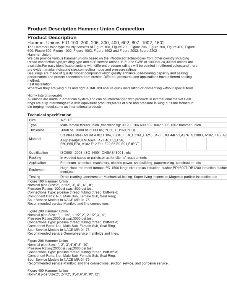 Hammer Union Connection Types Overview | PDF | Pipe (Fluid Conveyance ...