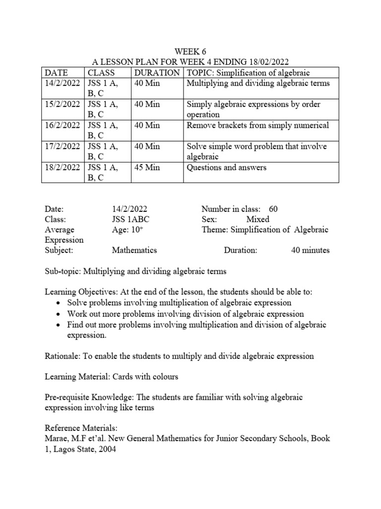 JS 1 MATHS WEEK 6 A - C - Compressed | PDF | Procedural Knowledge | Mathematics