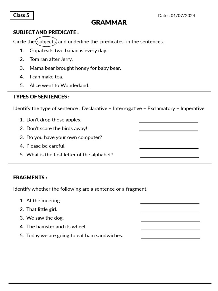Class 5 - Grammar - Sheet 1 | PDF | Sentence (Linguistics) | Grammar