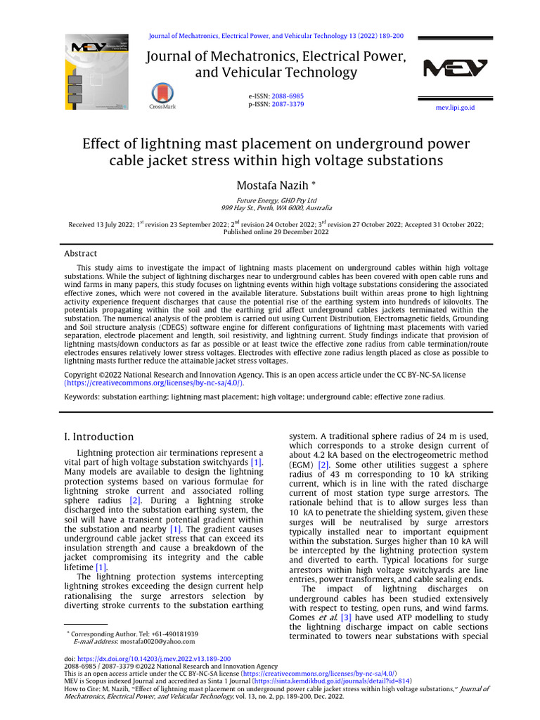 Effect of Lightning Mast Placement On Underground Power Cable Jacket ...