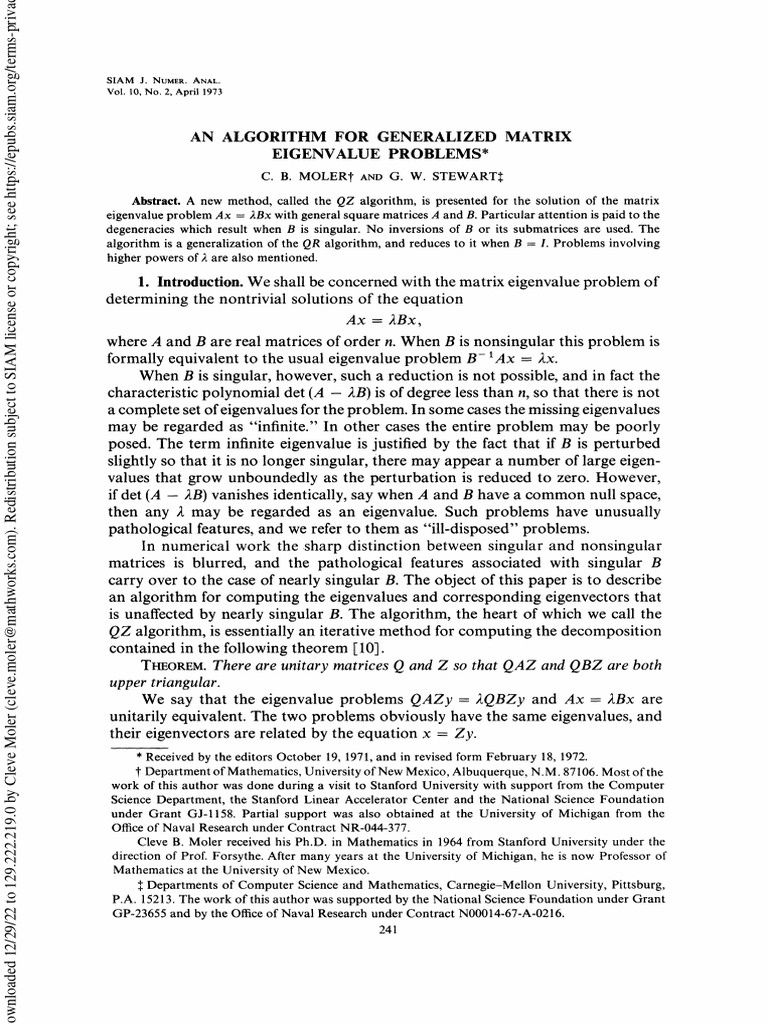 An Algorithm For Generalized Matrix Eigenvalue Problems (1973) (C. B. Moler, G. W. Stewart ...