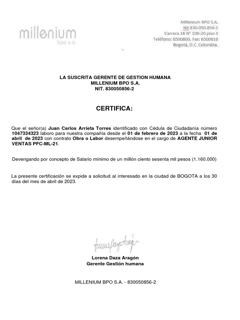 Certificado Millenium BPO | PDF