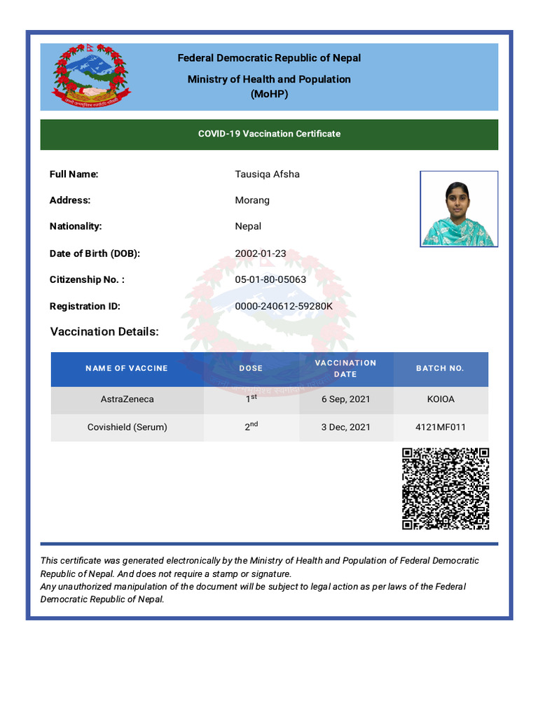 Digital Document of Covid-19 Vaccination Certificate | PDF