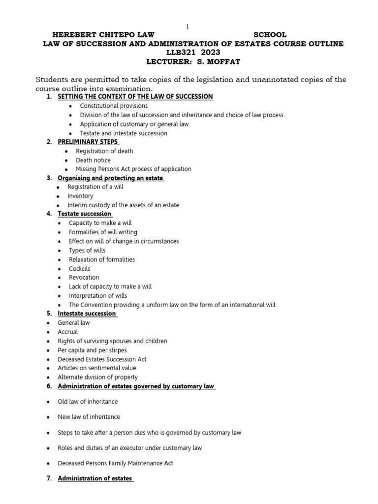 Law of Succession Course Outline 2023 | PDF | Will And Testament ...