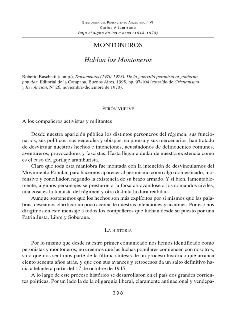 Montoneros - Hablan Los Montoneros (1970) | PDF | Argentina | Ciencias ...
