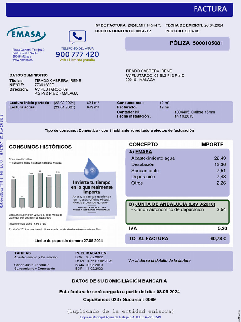 Factura Agua Marzo y Abril 2024 | PDF | Suministro de agua