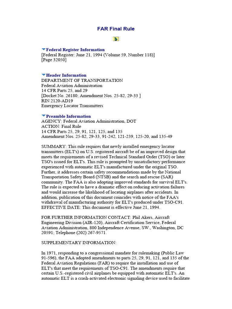 FAR Final Rule ELT 406 | PDF | Federal Aviation Administration | Aviation