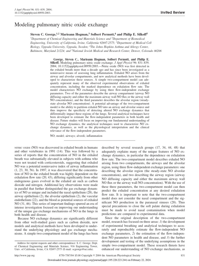 George Et Al 2004 Modeling Pulmonary Nitric Oxide Exchange | PDF | Exhalation | Breathing