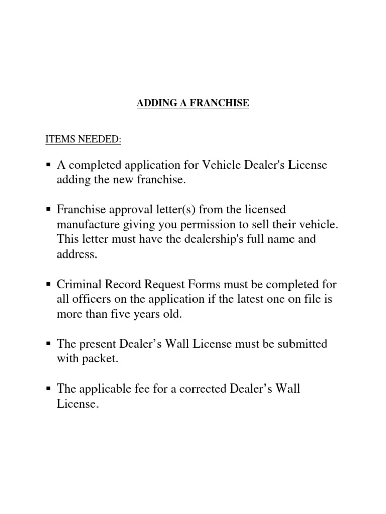 Adding A New Franchise Packet | PDF | Car Dealership | Vehicles