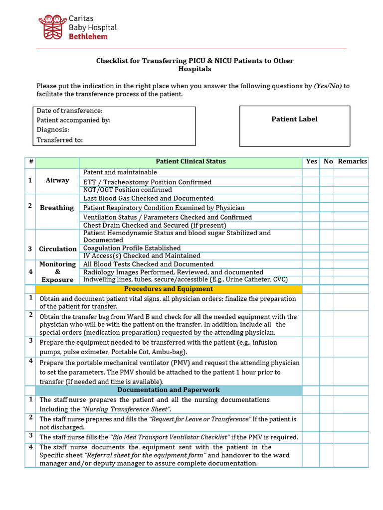 Transferring Checklist - Final | PDF | Nursing | Clinical Medicine