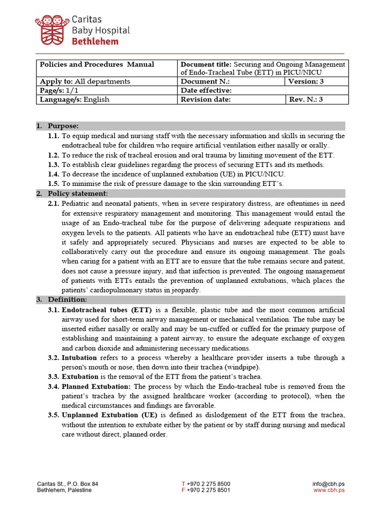 Securing and Ongoing Management of Endo-Tracheal Tube | PDF | Neonatal ...