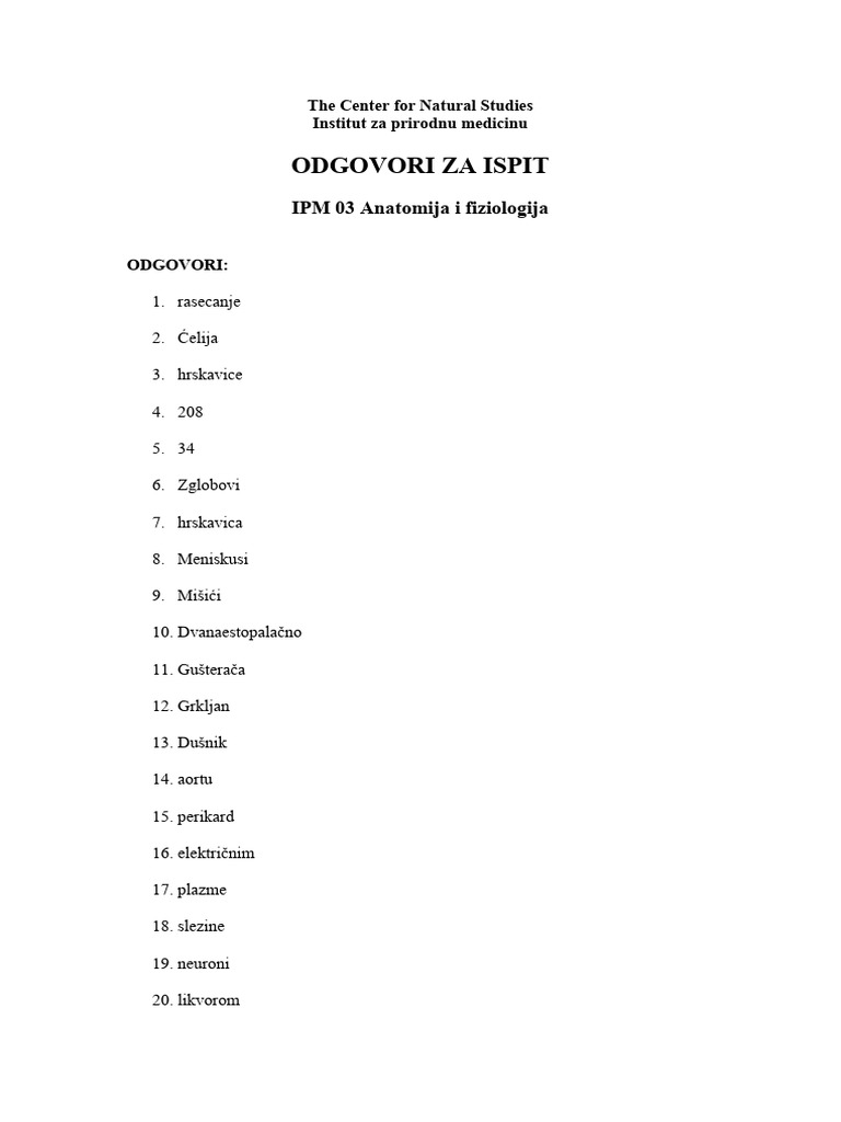 IPM 03 - 02 Anatomija I Fiziologija Odgovori | PDF