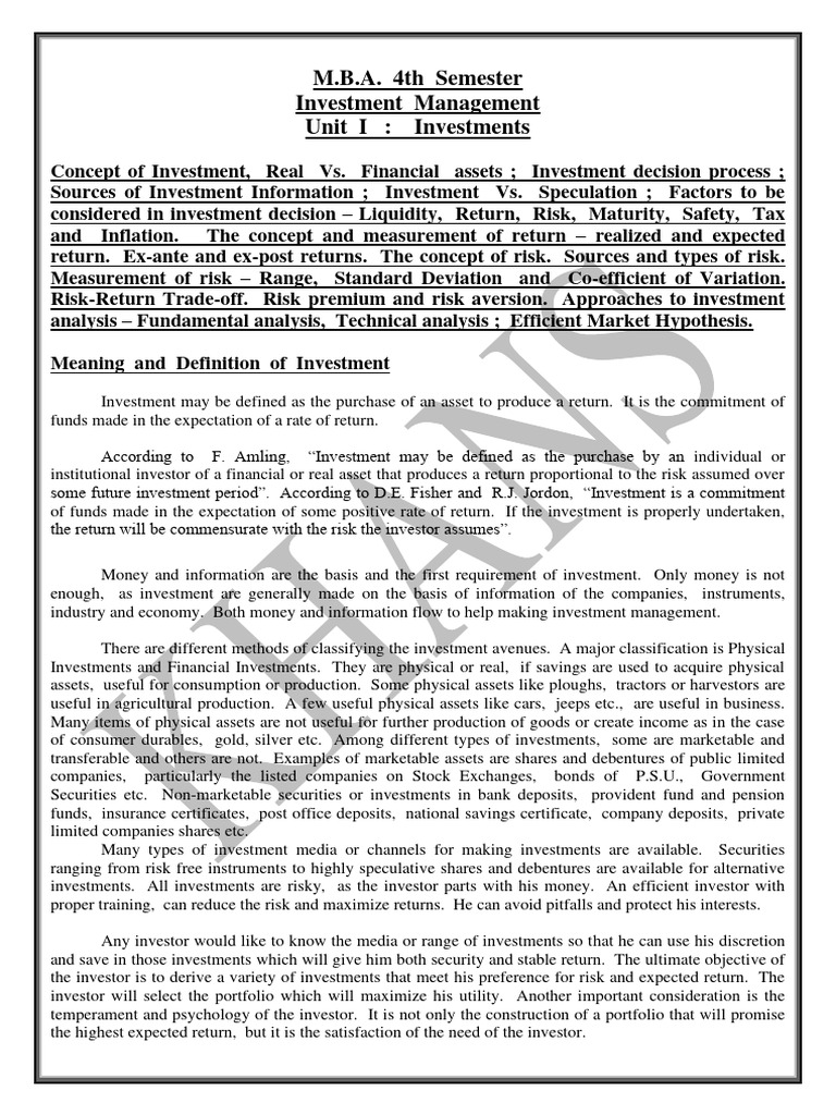 MBA 4 Sem IM Unit I Theory | PDF | Investing | Technical Analysis