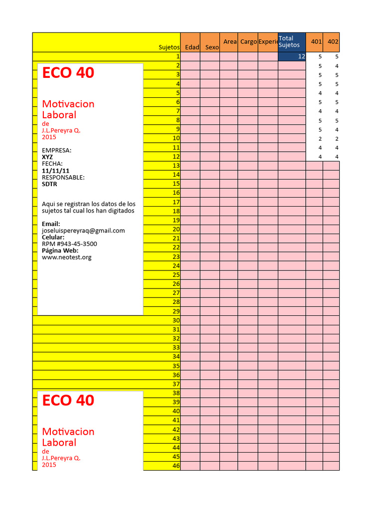 MOTIVACION LABORAL ECO 40 Excel vacioo para 60 | PDF