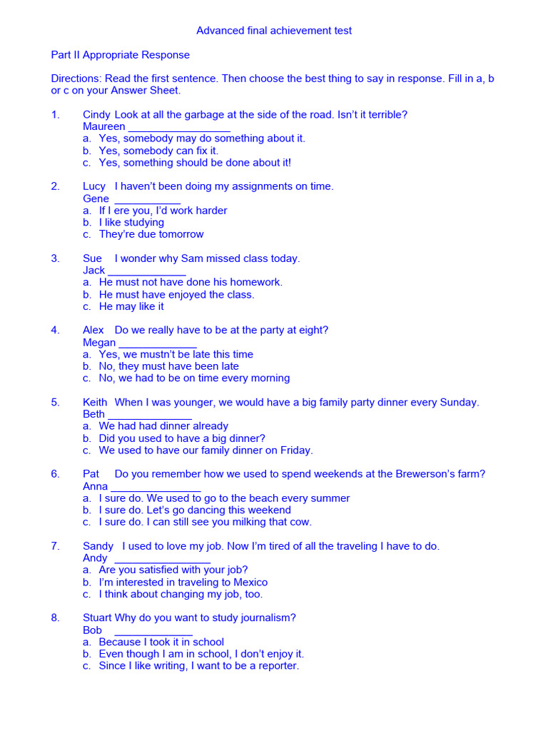 Advanced Achievement Test: Response & Grammar | PDF