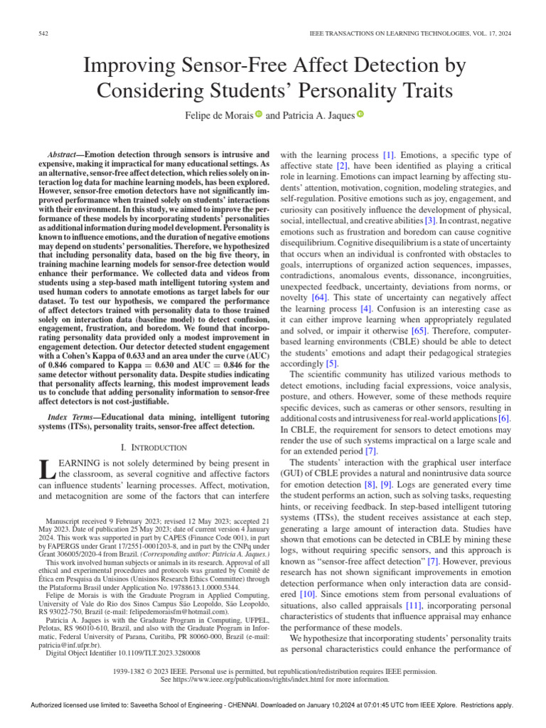 Improving Sensor-Free Affect Detection by Considering Student Personality Traits | PDF ...