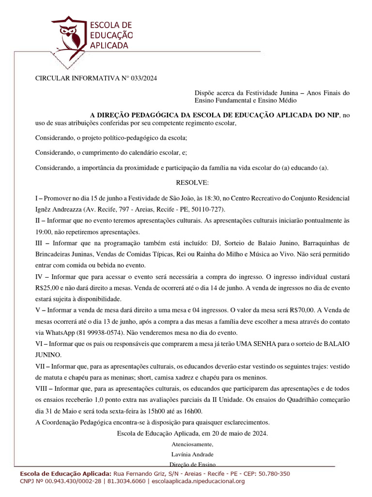 CIRCULAR 033 - Festividade Junina de 2024 | PDF | Bem-estar