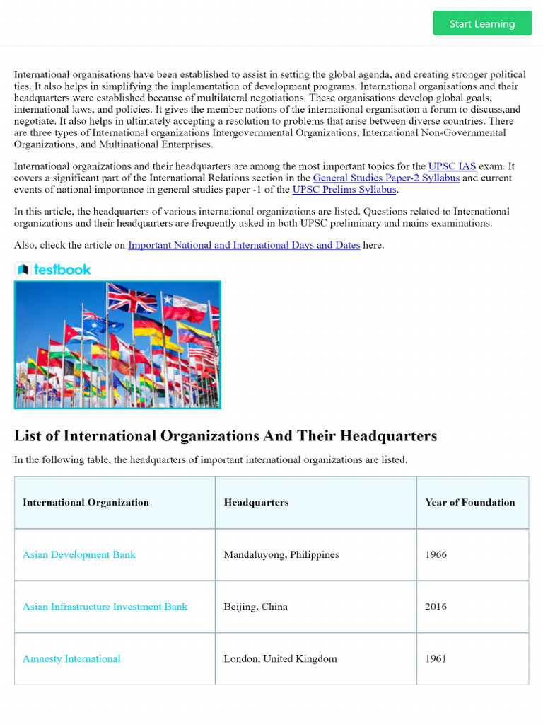List of International Organizations and Their Headquarters - UPSC | PDF