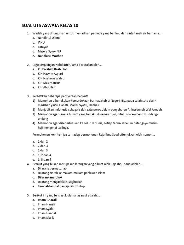 Soal Uts Aswaja Kelas 10 | PDF