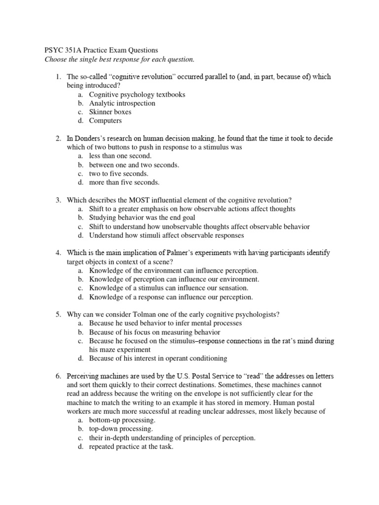 PSYC 351A Practice Questions Exam 1 | PDF | Perception | Cognition