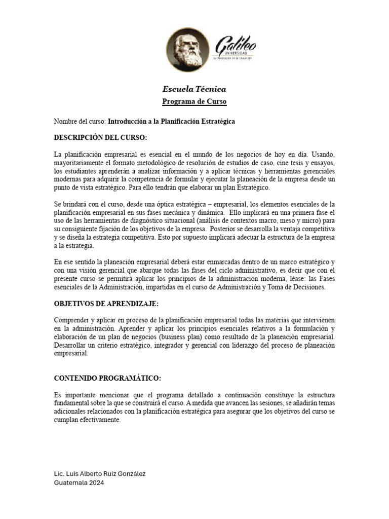 Programa de Curso Introducci N A La Planificaci N Estrat Gica Lic. Luis Alberto Ruiz Gonz Lez ...