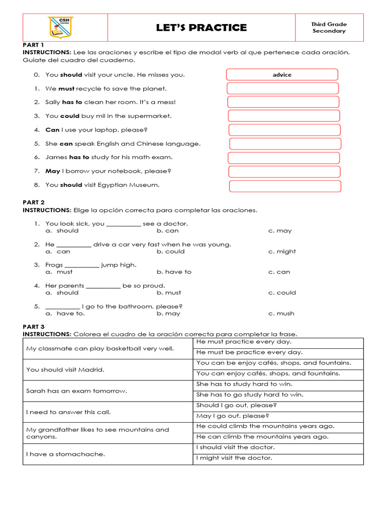 Modal Verbs Exercises - 3ero. U4 | PDF | Linguistics