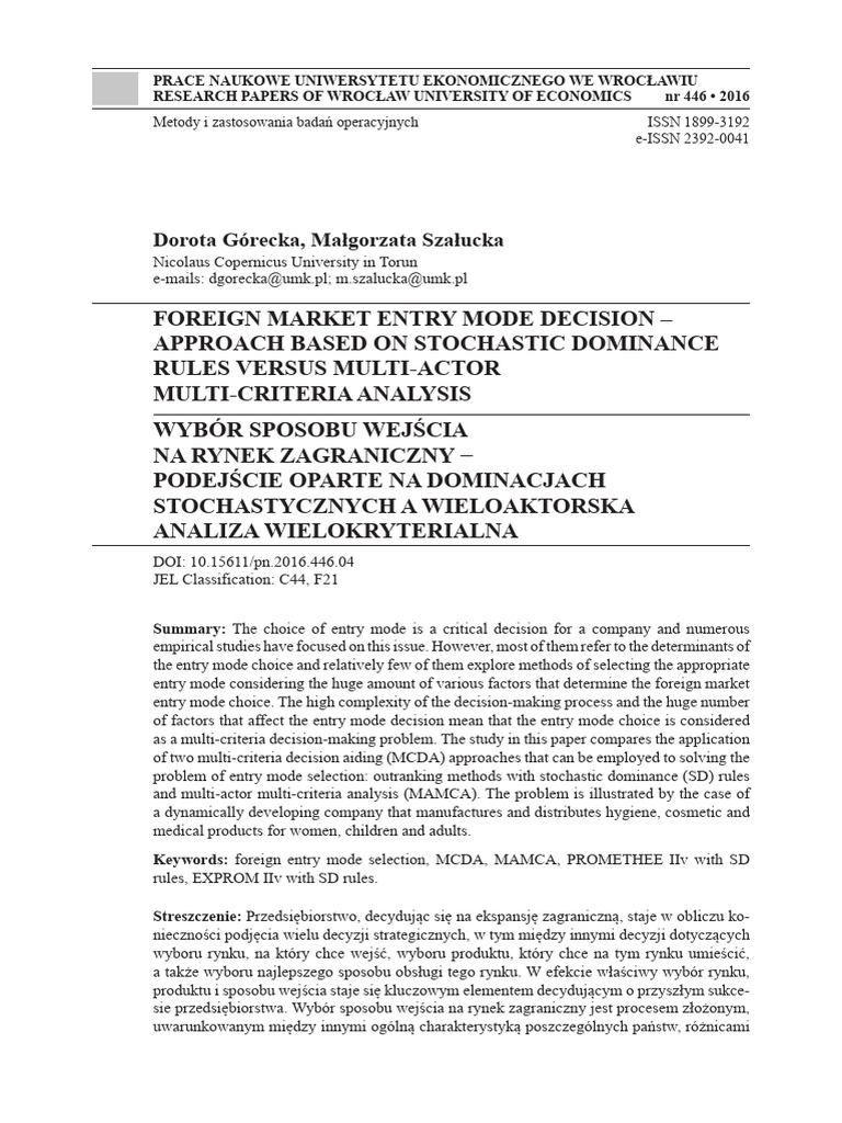 Foreign Market Entry Mode Decision - Approach Based On Stochastic Dominance Rules Versus Multi ...