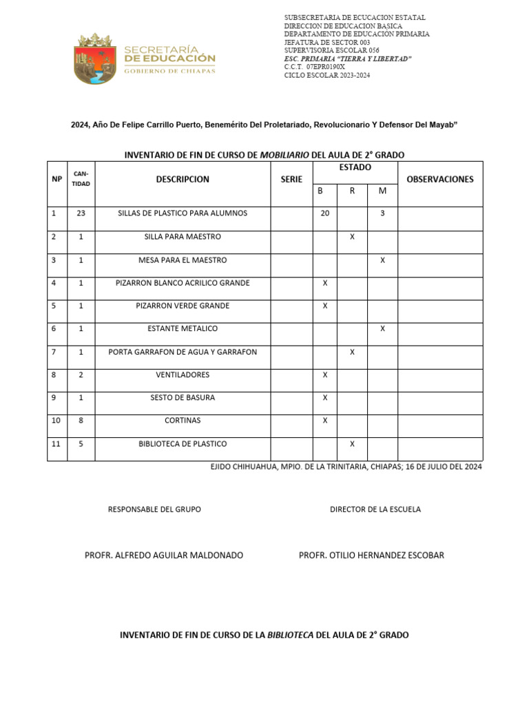 INVENTARIO Segundo Grado 2024 | PDF | Educación primaria | Familia