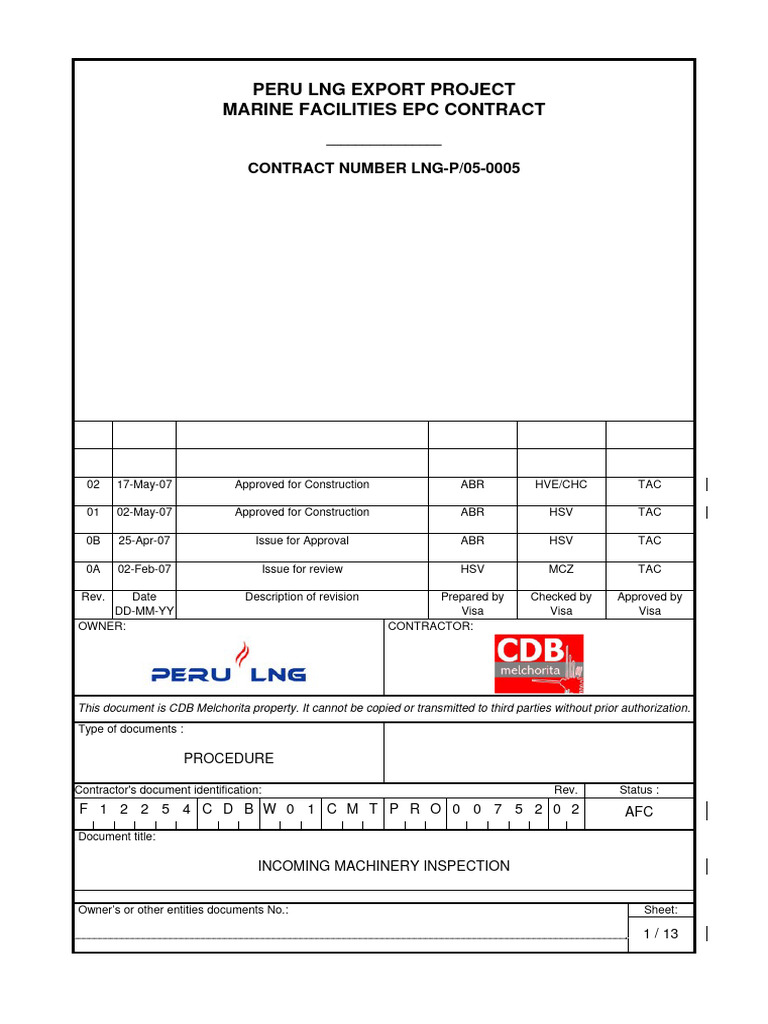 F12254-Cdb-W01-Cmt-Pro-00752 - 02 Incoming Machinery Inspection | PDF | Liquefied Natural Gas