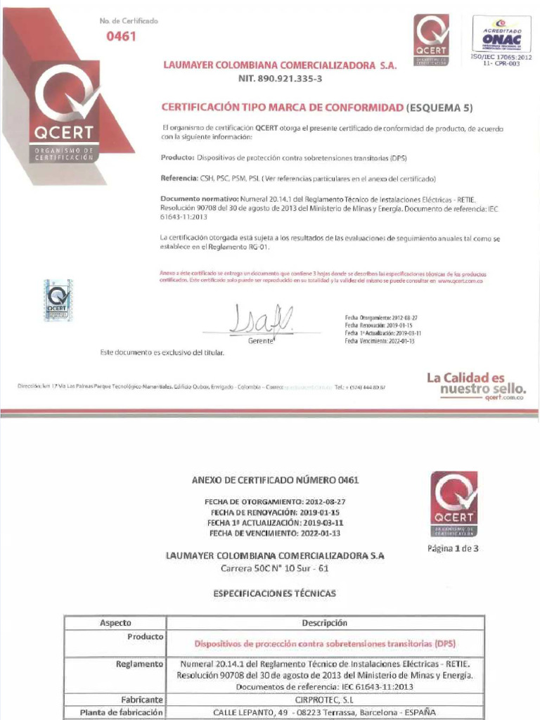 PDF Cirprotec Certificado Retie Qcert 0461 Familias PSC PSM CSH PSL ...