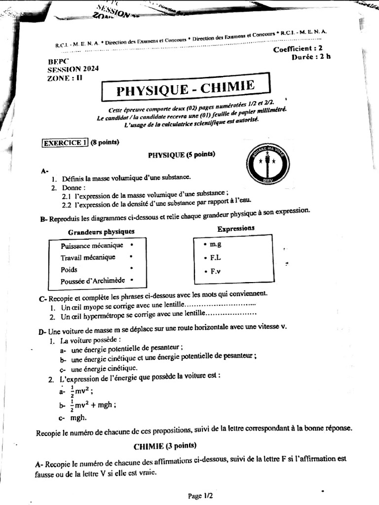 Sujet Bepc 2024 Physique Chimie Zone 2 | PDF