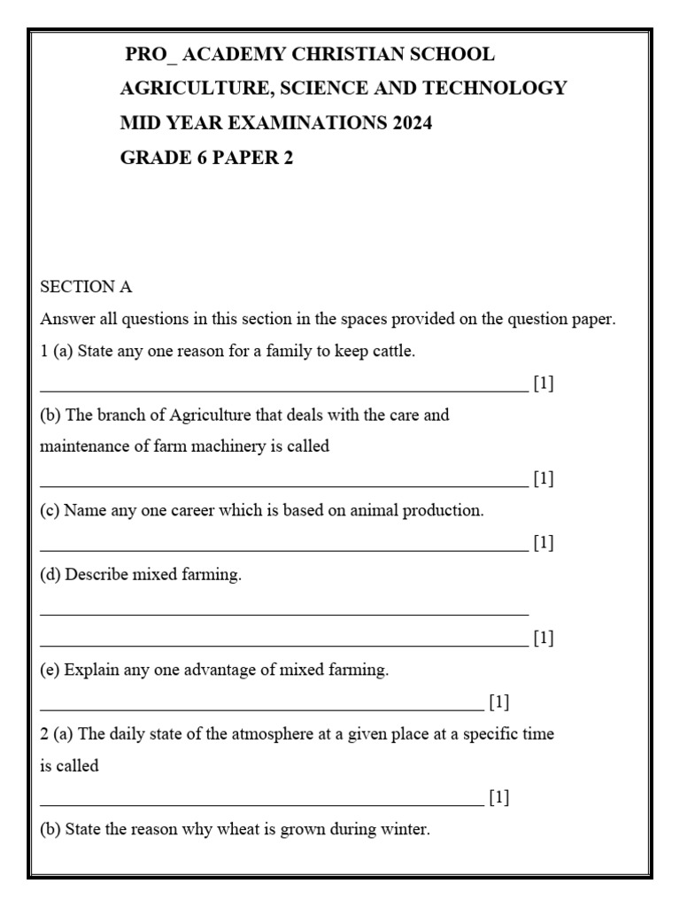 Grade 6 Agriculture Exam Paper 2024 | PDF | Agriculture | Honey