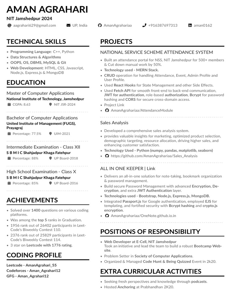 Resume Aman Agrahari | PDF | Web Development | Computing