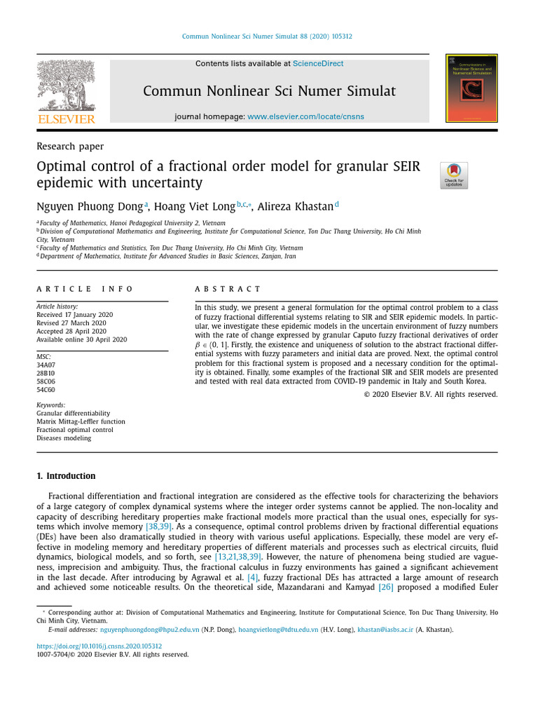 Optimal Control Of A Fractional Order Mode 2020 Communications In Nonlinear Pdf