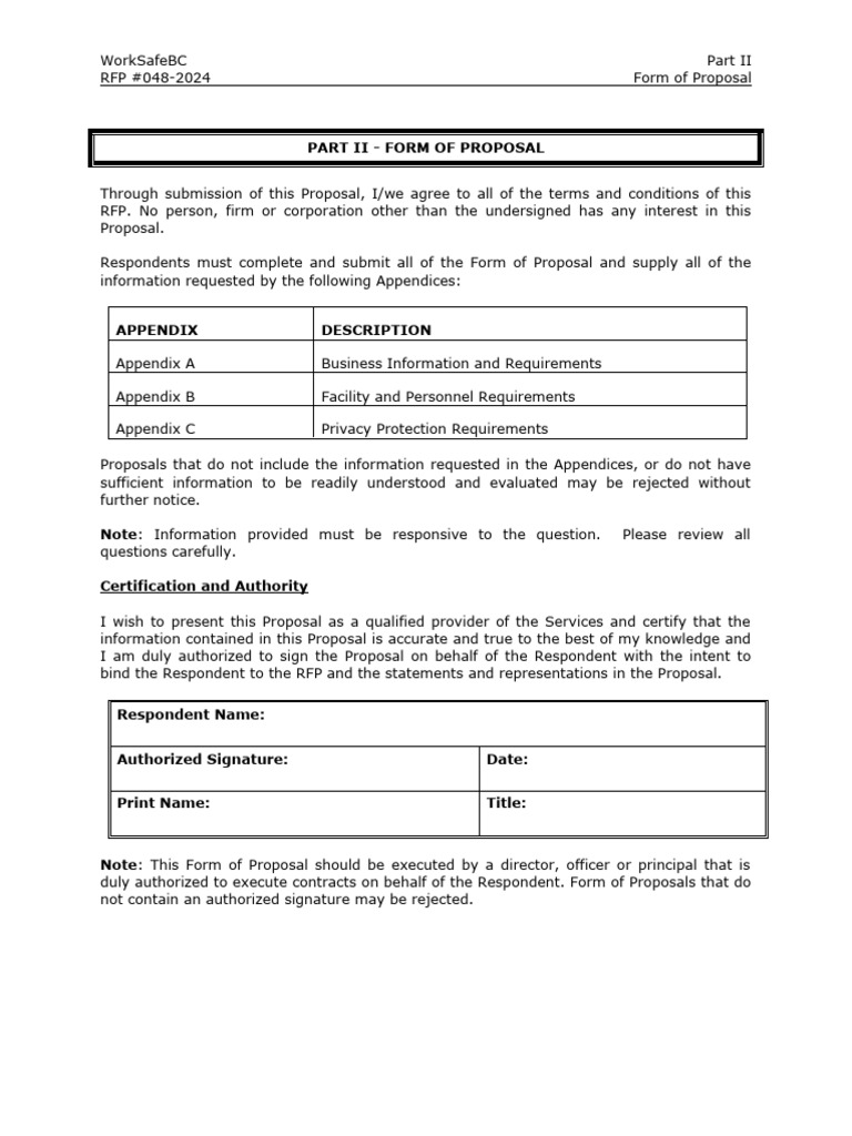 048-2024 Appendix A - Form of Proposal | PDF | Privacy | Discovery (Law)