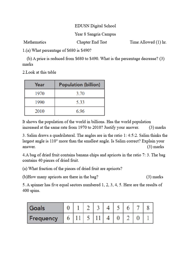 Year 8 Mathematics Test Paper | PDF | Ratio | Percentage